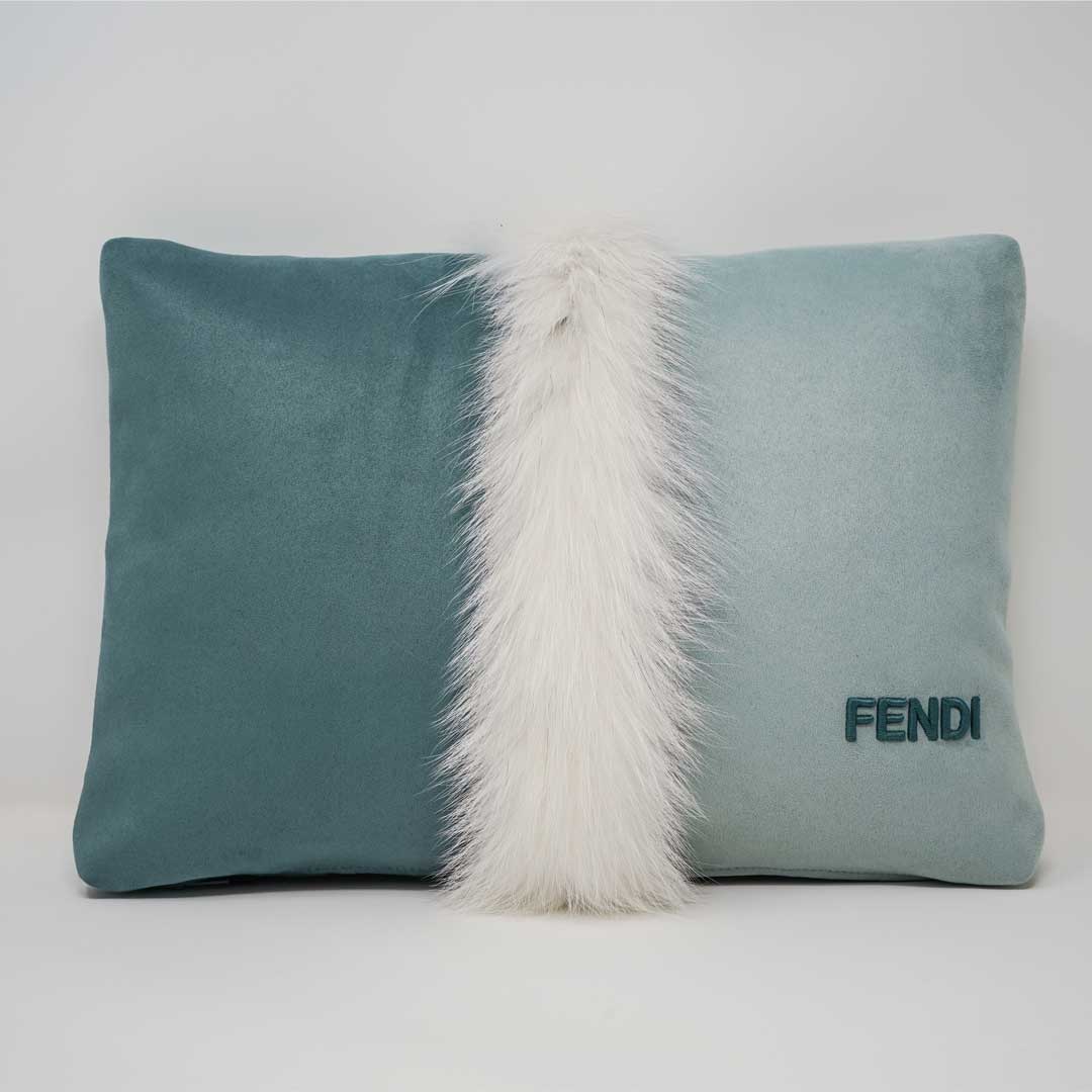 White Fox fur inlay Velvet Cushion- Slate Green& light green – Major ...