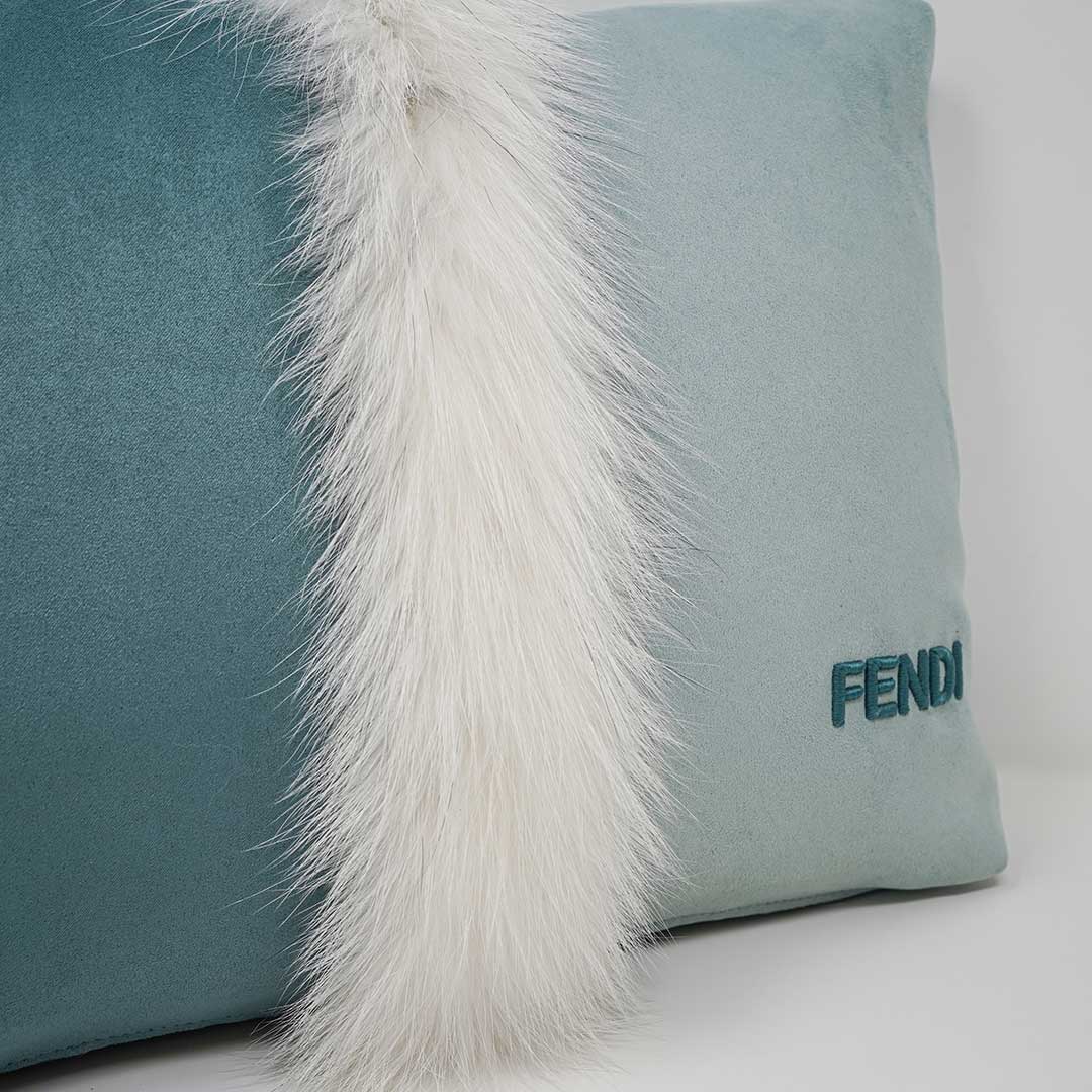 White Fox fur inlay Velvet Cushion- Slate Green& light green – Major ...